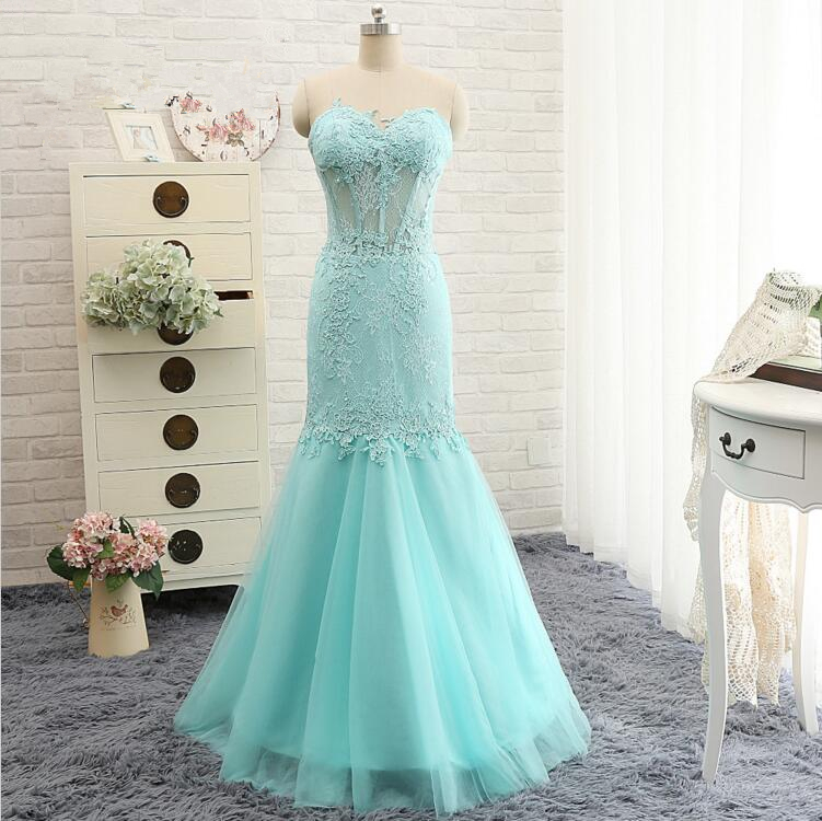 Sexy Lace Mermaid Prom Dresses Sheer Sweetheart Mint Green Long Tulle